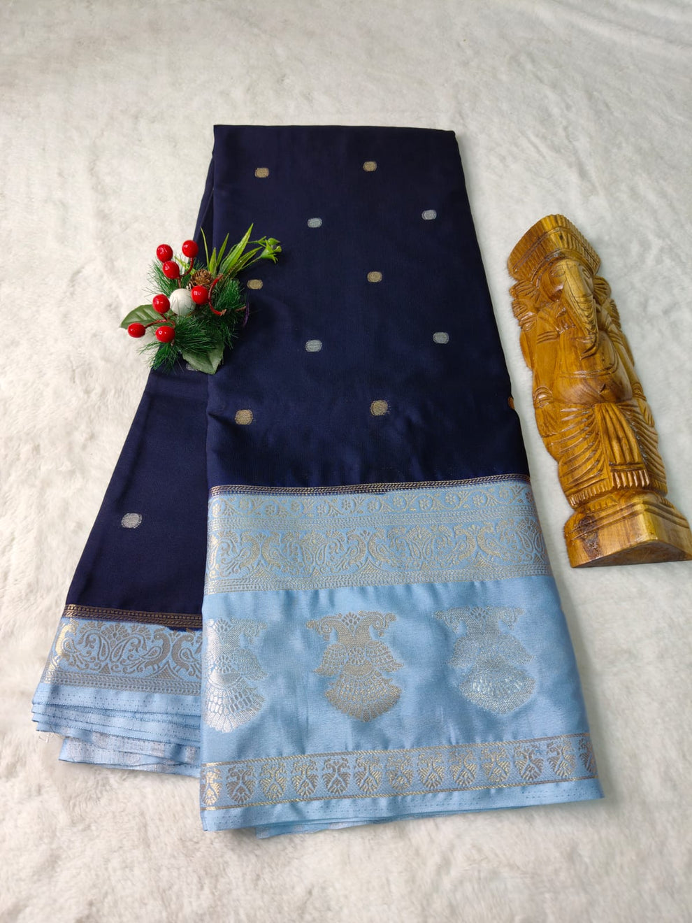 Navy Blue & Sky Blue Premium Semi Mysore Silk Saree with Bentex Border ...
