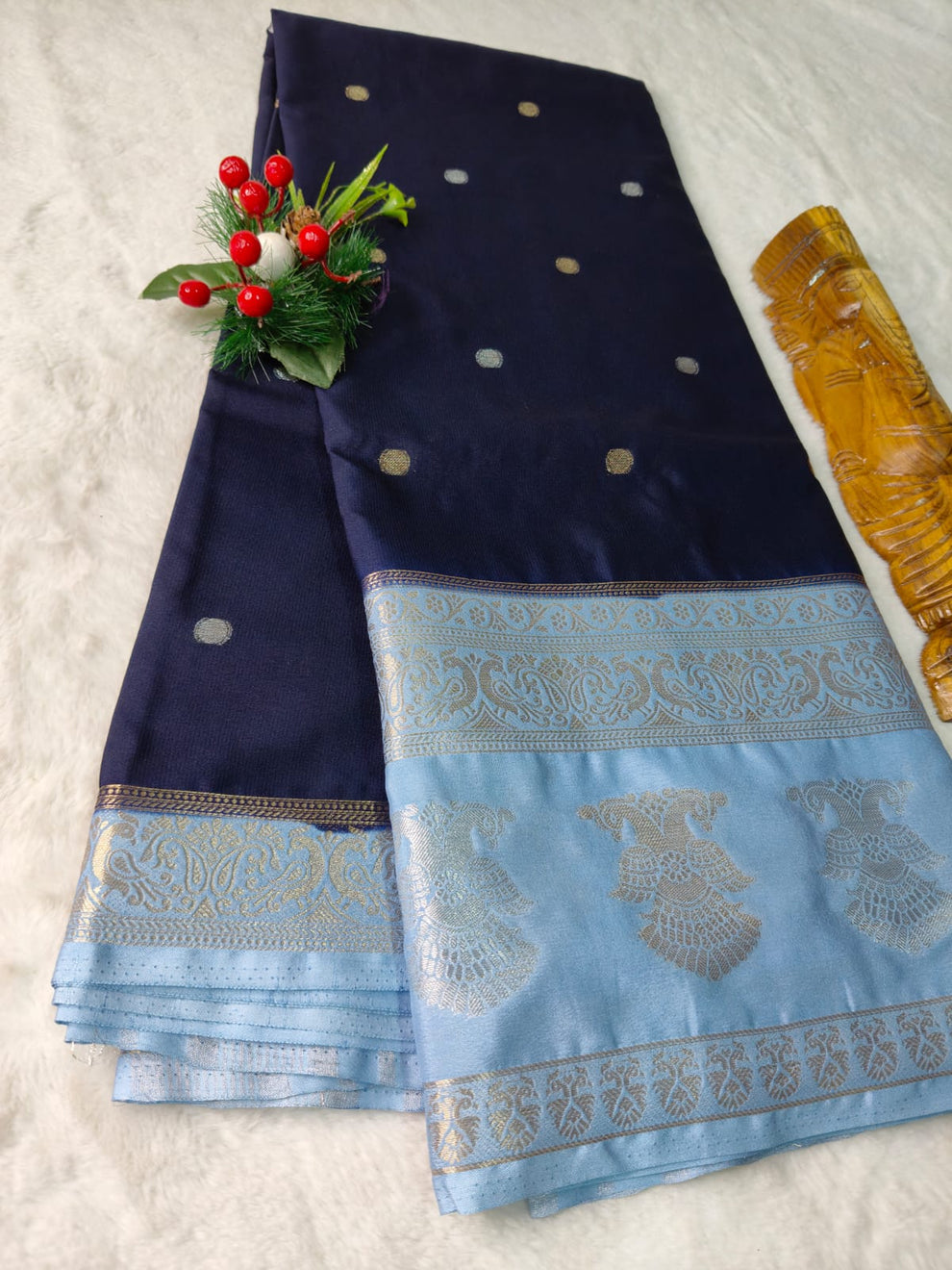 Navy Blue & Sky Blue Premium Semi Mysore Silk Saree with Bentex Border ...
